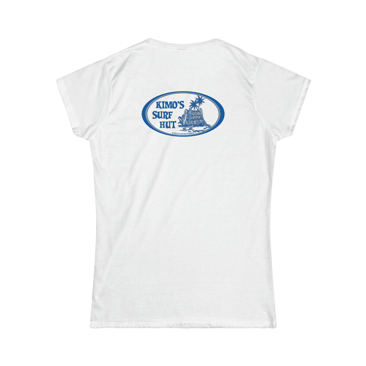 Kimo's Surf Hut Women's White Soft Short Sleeve T-shirt with blue and
